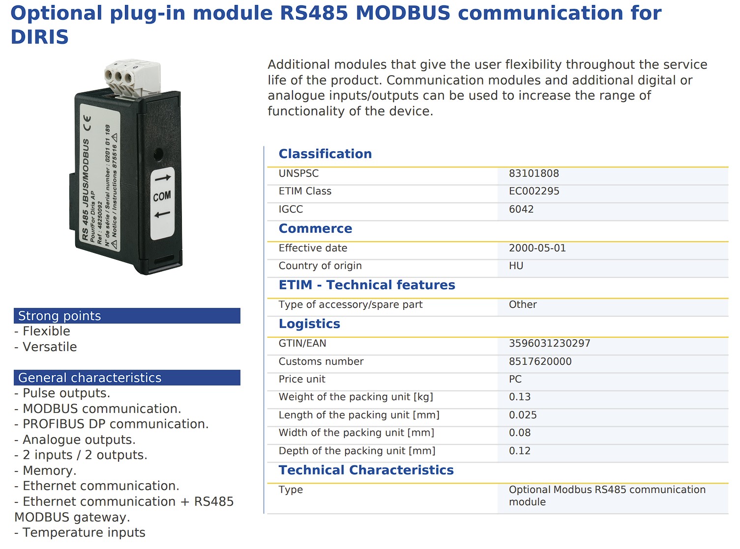 (48250092) Модуль связи RS485 MODBUS® для DIRIS A-30/A-41/ATyS, Socomec ...